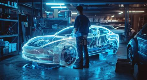 Man Standing In Front Of Electric Car Hologram In A Futuristic Garage