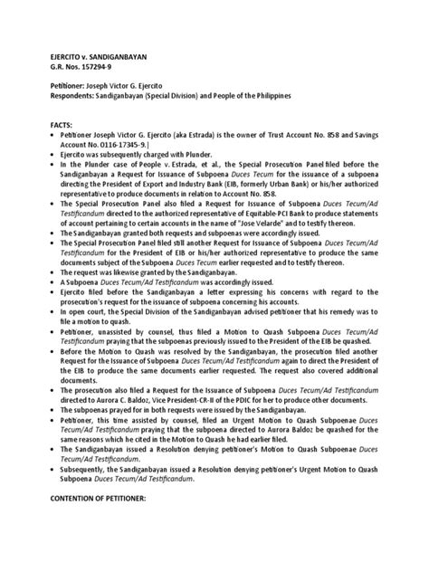 Ejercito V Sandiganbayan Pdf Banks Subpoena Duces Tecum