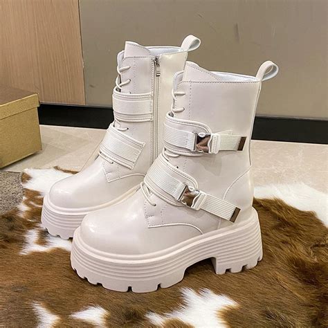 White Platform Boots With Buckles Cyber Techwear®