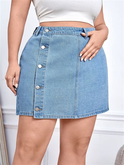 Plus High Waist Button Front Denim Skirt Denim Button Skirt Button