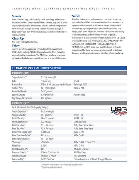 Us Grout Ultrafine Cementitious Grout Type Vx— Data Sheet Pdf