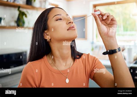 Covid Pcr Nose Swab Woman And Home Testing Kit Of Rapid Antigen Test