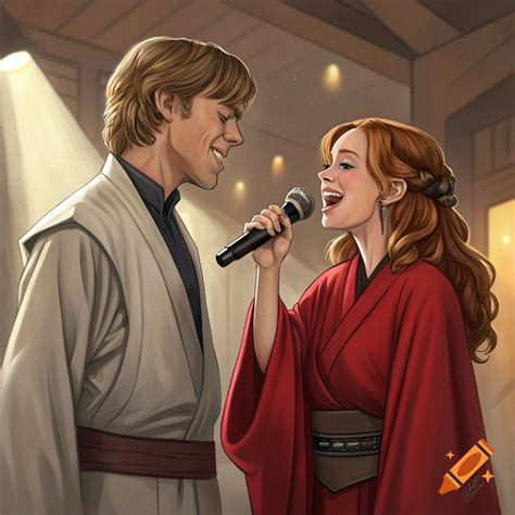 Illustration Of Luke Skywalker And Mara Jade Singing Into A Microphone