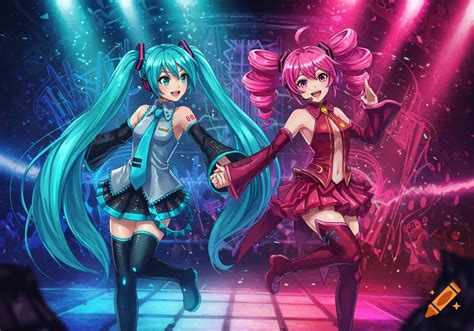 Anime Characters Hatsune Miku And Kasane Teto With Long Blue And Pink