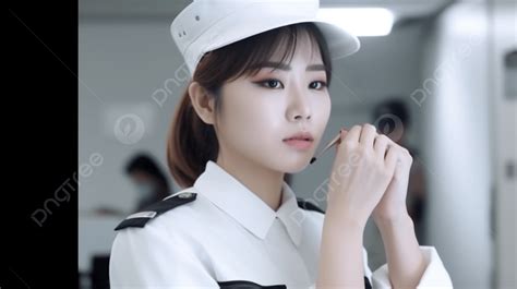 제복을 입은 예쁜 소녀가 무언가를 본다 사진관에서 메이크업을 받는 리크루트 슈트 여성 고화질 사진 사진 하얀색 배경 일러스트 및 사진 무료 다운로드 Pngtree