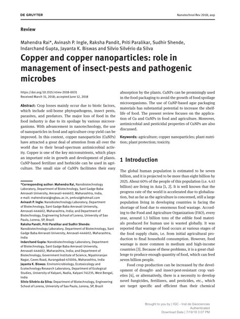 Pdf Copper And Copper Nanoparticles Role In Management Of Insect