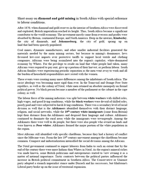 Short Essay On Diamond And Gold Mining In South Africa With Special Reference To Labour