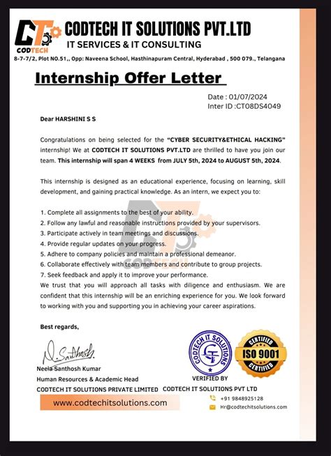 Internship Codtechit Cybersecurity Ethicalhacking Career Harshini S S
