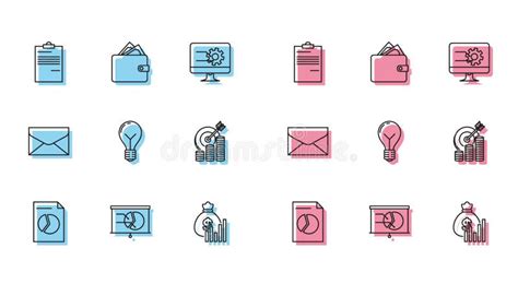 Set Line Document With Graph Chart Board Money Bag And Diagram Light