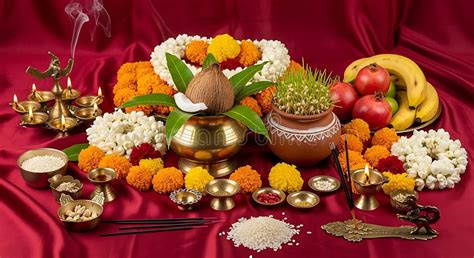 Traditional Hindu Kalash Puja Setup And Offerings Stock Illustration