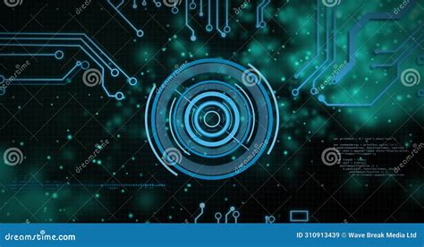 Image Of Blue Circular Scanner Over Motherboard And Blue Particles On Black Background Stock