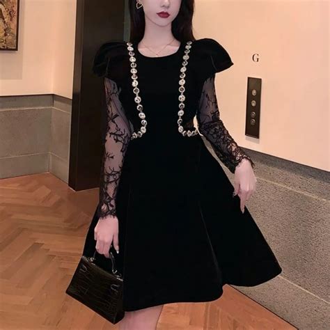 여성용 프렌치 빈티지 미니 벨벳 드레스 블랙 레이스 패치워크 다이아몬드 한국 드레스 여성 겨울 이브닝 파티 고딕 요정