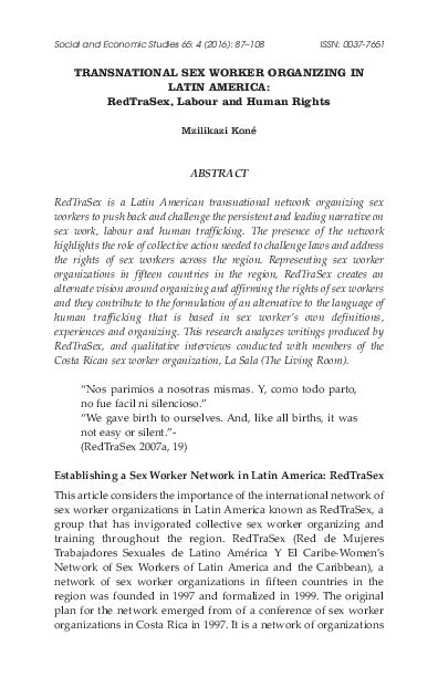 Pdf Transnational Sex Worker Organizing In Latin America Redtrasex