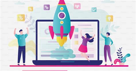 행복한 개발자 성공적인 비즈니스 프로젝트 완료 온라인 스타트업 만들기 노트북 화면에 로켓 이륙 팀워크 작은 사업가들 플랫 벡터 그림 벡터 Unsplash의