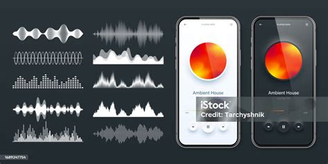 온라인 오디오 플레이어 사용자 인터페이스 스마트폰 앱 Ui 디자인 음악 미디어 스트리밍 및 청취 플랫폼 반응형 모바일 애플리케이션 뉴모피즘 다양한 음파 벡터 그림 3차원