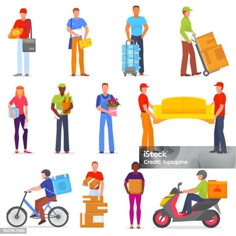 배달원 사람 흰색 배경에 고립 된 화물 수송의 소포 상자 또는 패키지 일러스트를 제공 하는 택배의 택배 벡터 우편 배달 부 문자 집합 배달에 대한 스톡 벡터 아트 및 기타