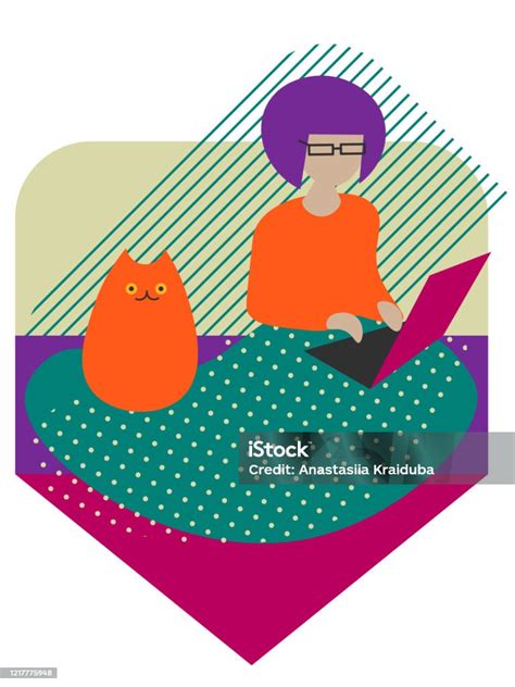 노트북과 고양이와 함께 소파에 앉아 여자의 귀여운 그림 가정 생활에 대한 스톡 벡터 아트 및 기타 이미지 가정 생활 거리가 먼 게으름 Istock
