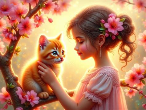 Fantasy Glow Kitty And Girl Whimsical Springtime Moment In