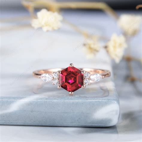 Unique Hexagon Ruby Engagement Ring Vintage Ruby Wedding Ring 14k Rose Gold Or Silver Red Ruby
