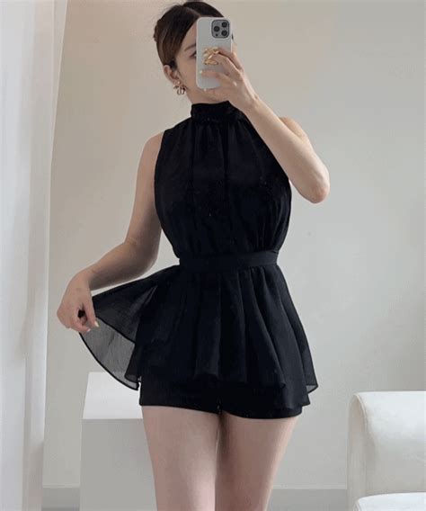 고퀄 여신룩 백조 롱타이 시스루 러플 셔링 쉬폰 민소매 여름 블라우스 드레스 Col 에이블리