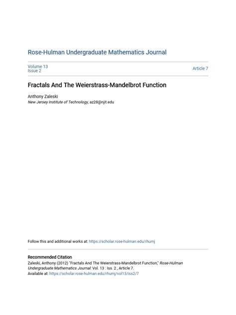 Zaleski 2012 Fractals And The Weierstrass Mandelbrot Function Pdf