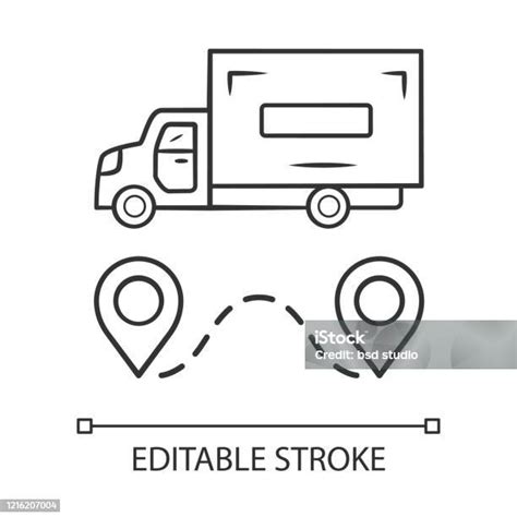 배달 트럭 선형 아이콘입니다 화물 운송 트럭 화물 운송 자동차 무거운 상품 배달 밴입니다 우편 서비스 차량 가는 선 그림입니다