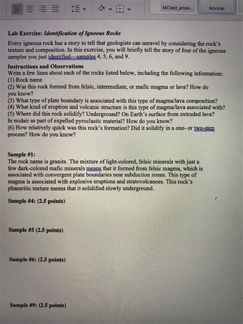 solved lab exercise identification of igneous rocks every