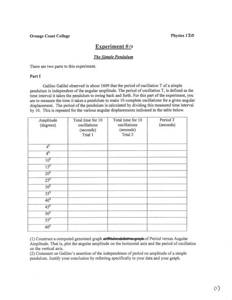 Lab 10 Simple Pendulum PHYS A120L Studocu