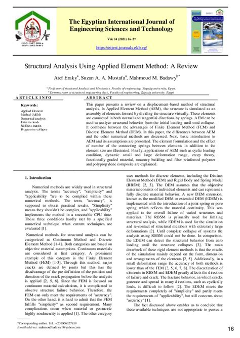 Pdf Structural Analysis Using Applied Element Method A Review