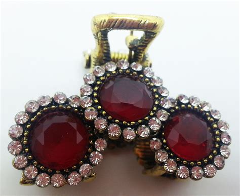 New Small Triple Ruby Red Crystal Art Deco Antique Gold 1 Hair