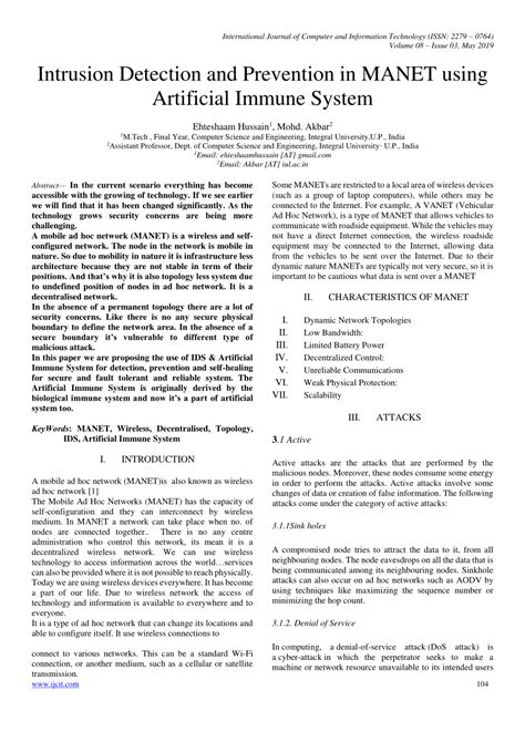 pdf intrusion detection and prevention in manet using artificial