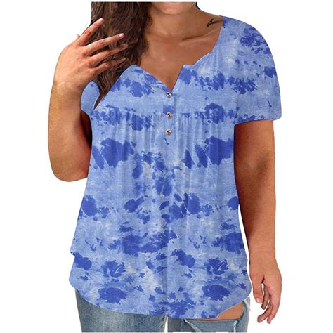 Joau Womens Plus Size Tops Casual Print Short Sleeve V Neck With Button