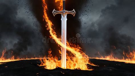 Sword Impaled Into The Ground Engulfed In Roaring Hyper Realistic Fire
