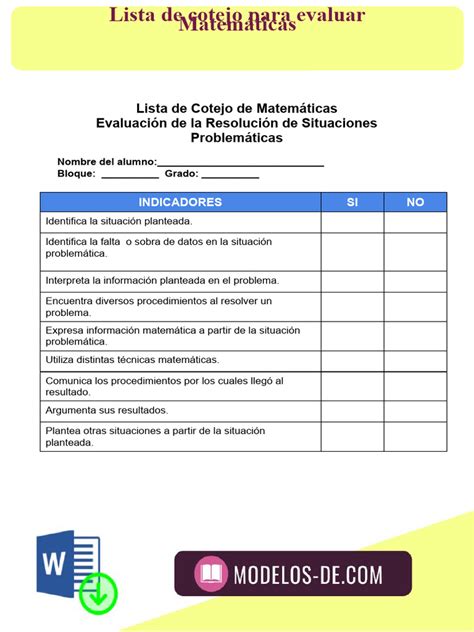 Lista De Cotejo Para Evaluar Matemáticas Pdf