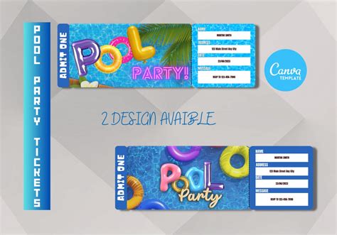 Pool Party Printable Template Customizable Ticket Design For A
