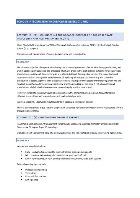 Llh474 Topic 10 Introduction To Corporate Restructuring Online Feedback
