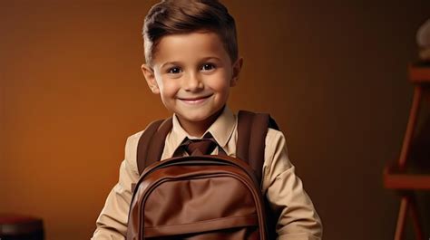 Premium Ai Image Happy Student With A Backpack On A Brown Backdrop
