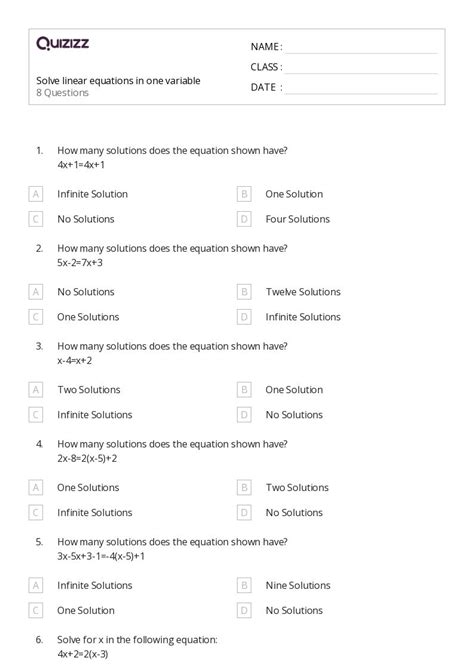 Printable One Variable Equations Worksheets For Grade 7 Quizizz