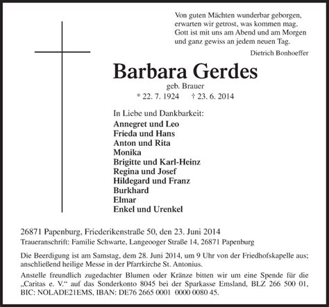 Traueranzeigen Von Barbara Gerdes Noz Trauerportal