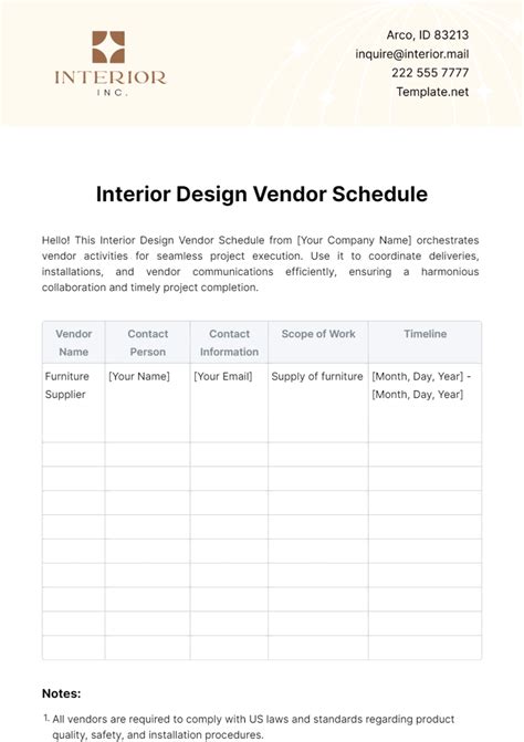 Interior Design Furniture Schedule Example