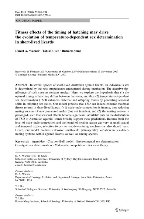 Pdf Fitness Effects Of The Timing Of Hatching May Drive The Evolution