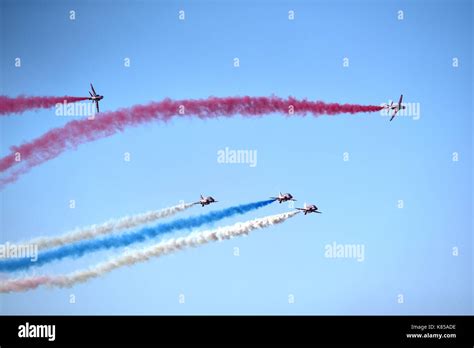 Different Formations Of Red Arrows During Their Appearance In Athens