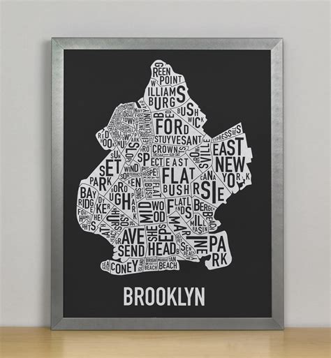 Brooklyn Neighborhood Map 11 X 14 Black And White Screenprint