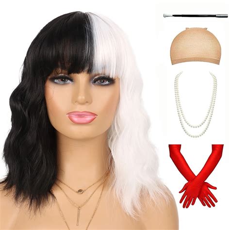 Black And White Cruella Wig For Women Deville Costume Wig Short Wavy