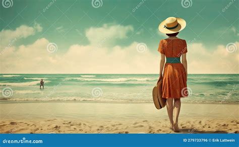 Illustration Of A Young Woman On A Sandy Beach Ready For A Swim Made