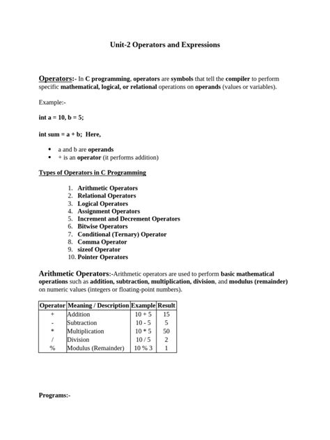 C Programming Operators Overview Pdf Computer Programming