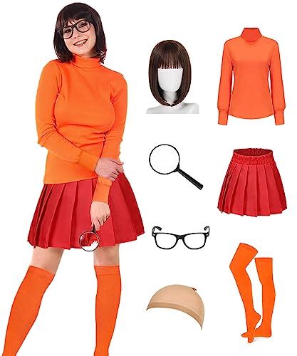 Women Velma Costume Adult Halloween Costume Cosplay Outfit With Bob Wig Red Skirt Shirt