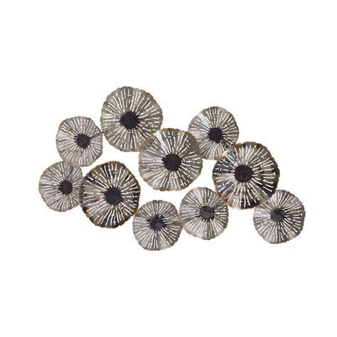 Metal Wall Sculpture Clear Glass Flowers With Black Centers