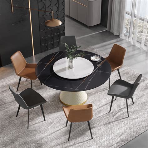 Magic Home 5315” Black Sintered Stone Round Dining Table With 2362
