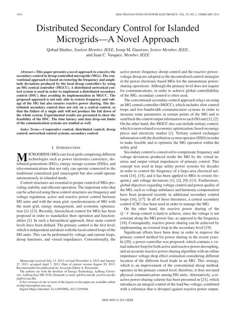 Pdf Distributed Secondary Control For Islanded Microgrids A Novel Approach